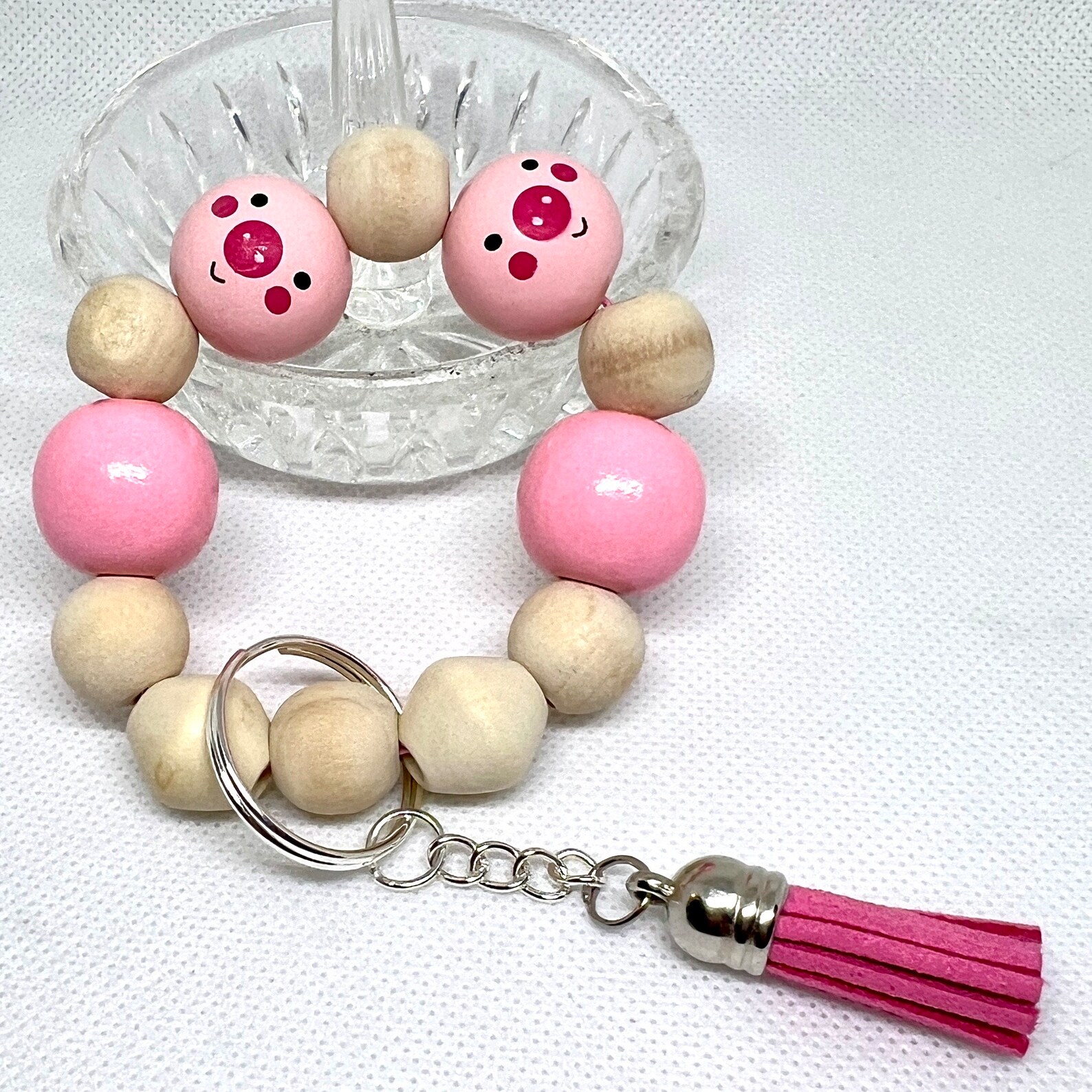 Handmade Wooden Pig Bead Keychain Wristlet - Trendy Pink Wooden Beads ...