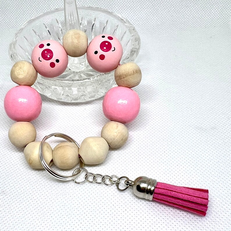 Handmade Wooden Pig Bead Keychain Wristlet - Trendy Pink Wooden Beads ...