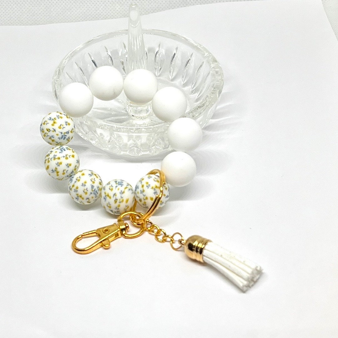 Handmade Silicone Bead Wristlet Keychain - Floral and White - Etsy