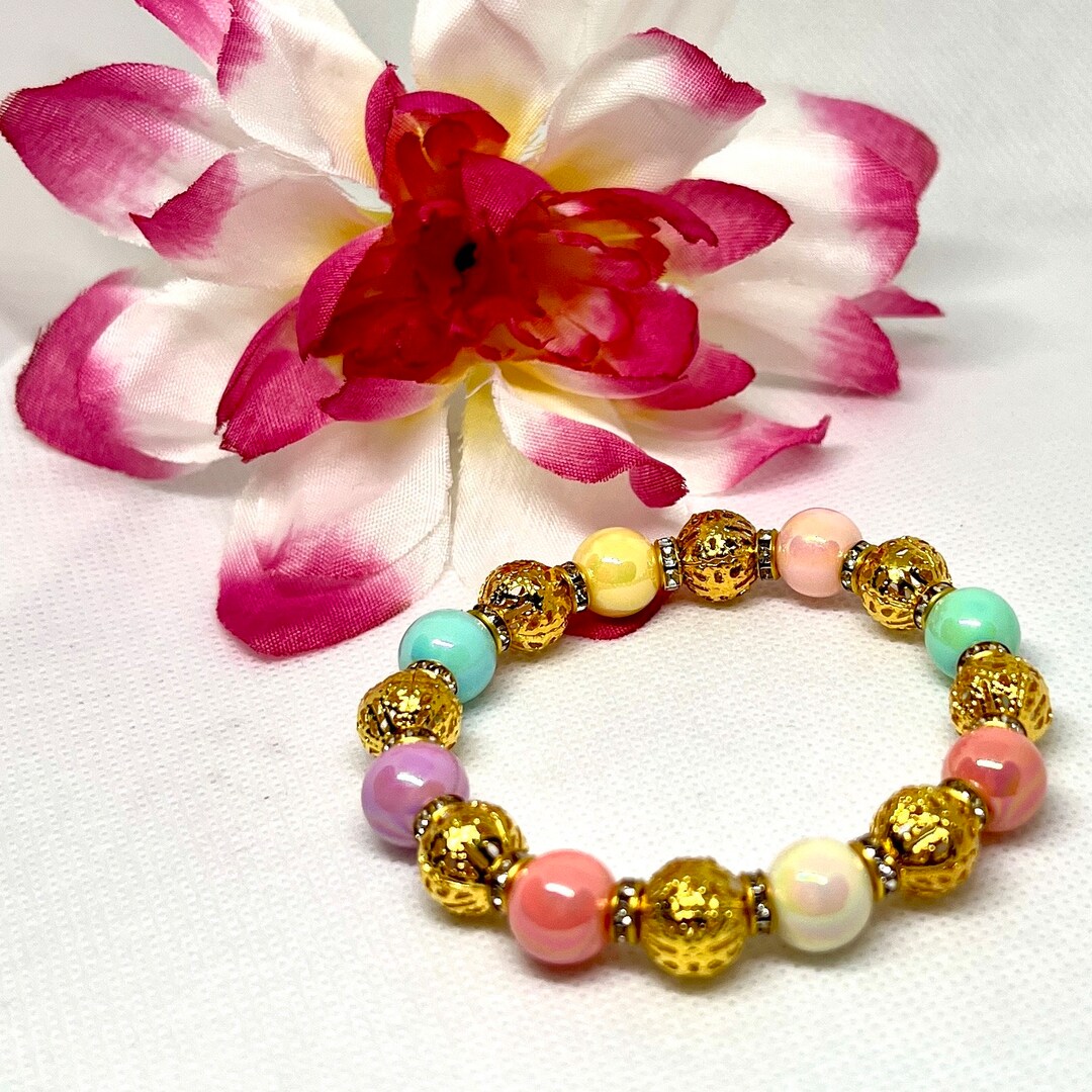 Unique Handmade Stretchy Bead Bracelet With Multicolor Beads and Gold ...