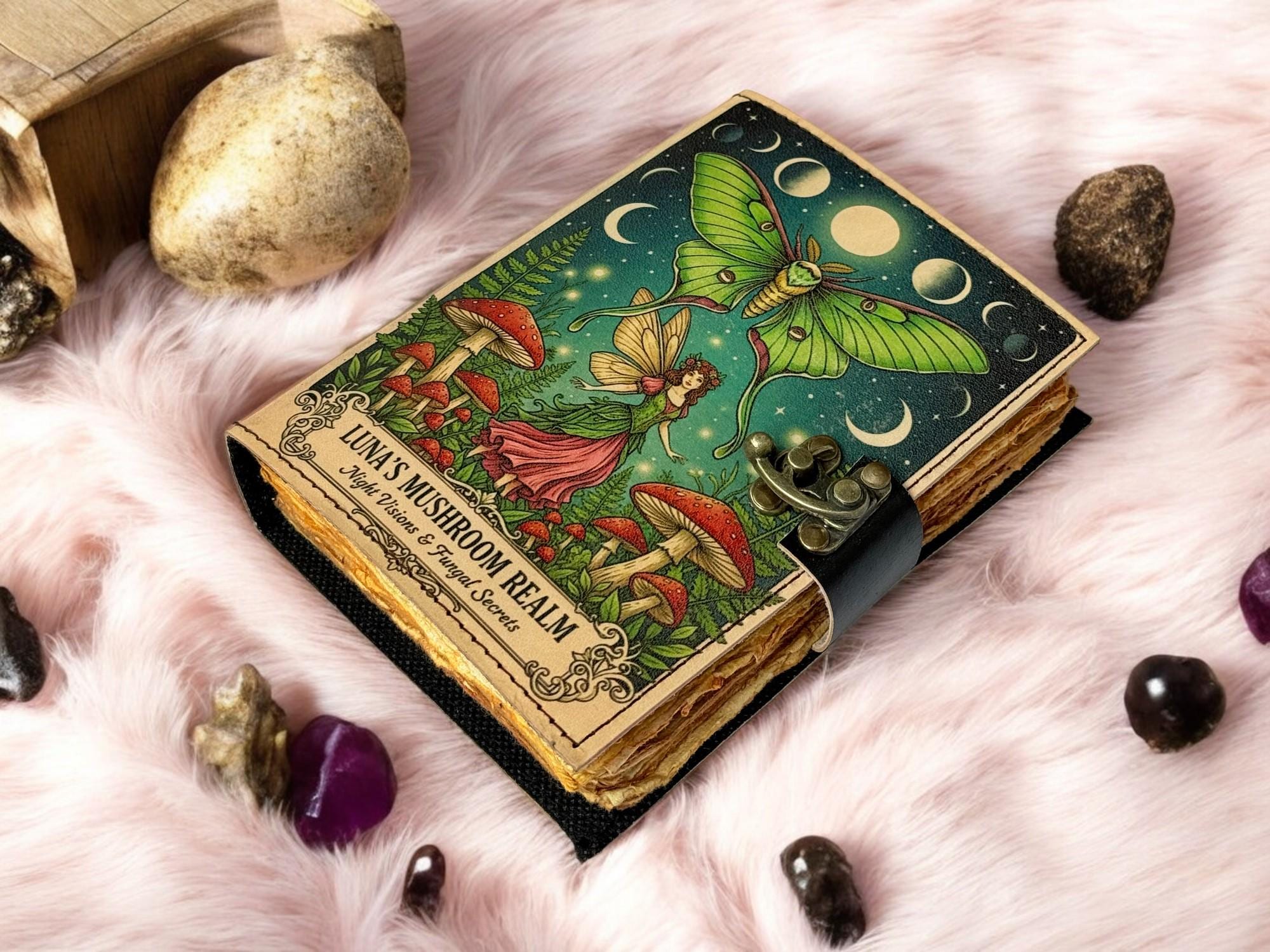 Fairy Luna Moth Leather Grimoire Book of Shadows With Lock, Witchcraft ...