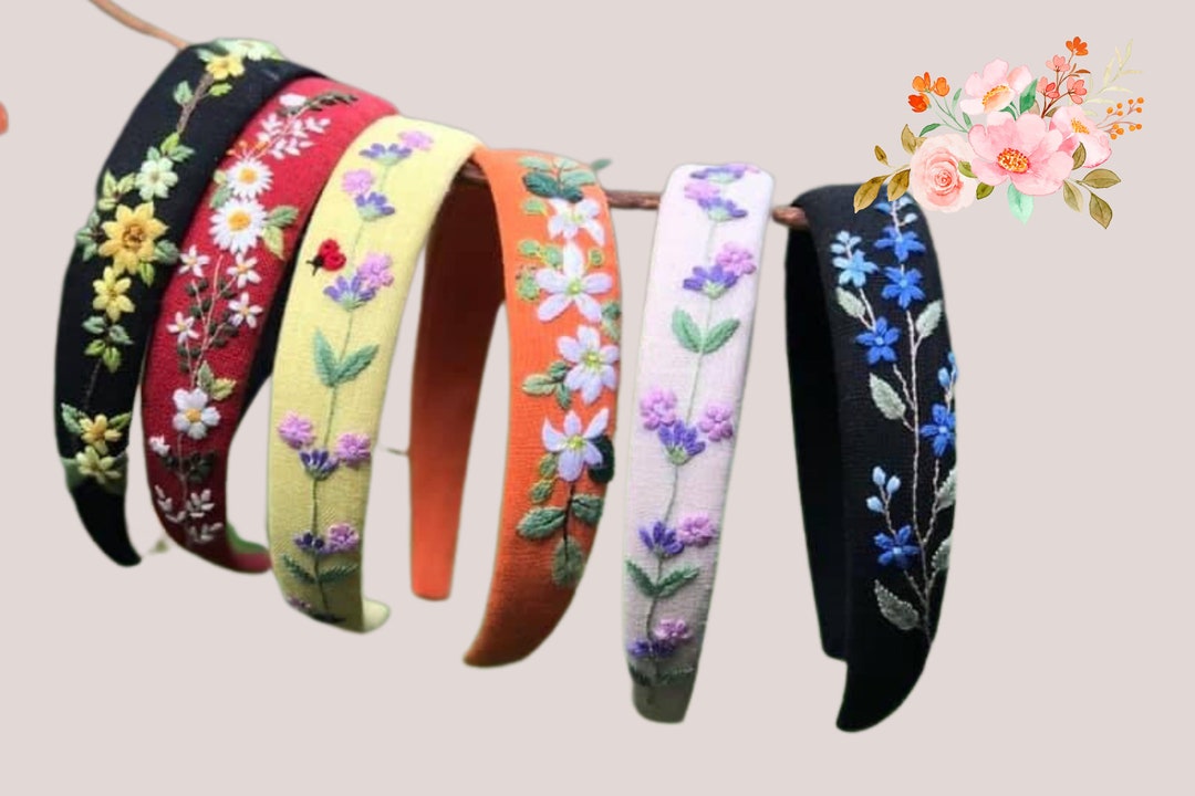 Embroidered Headband / Hand Floral Embroidered Linen Headband / Women ...