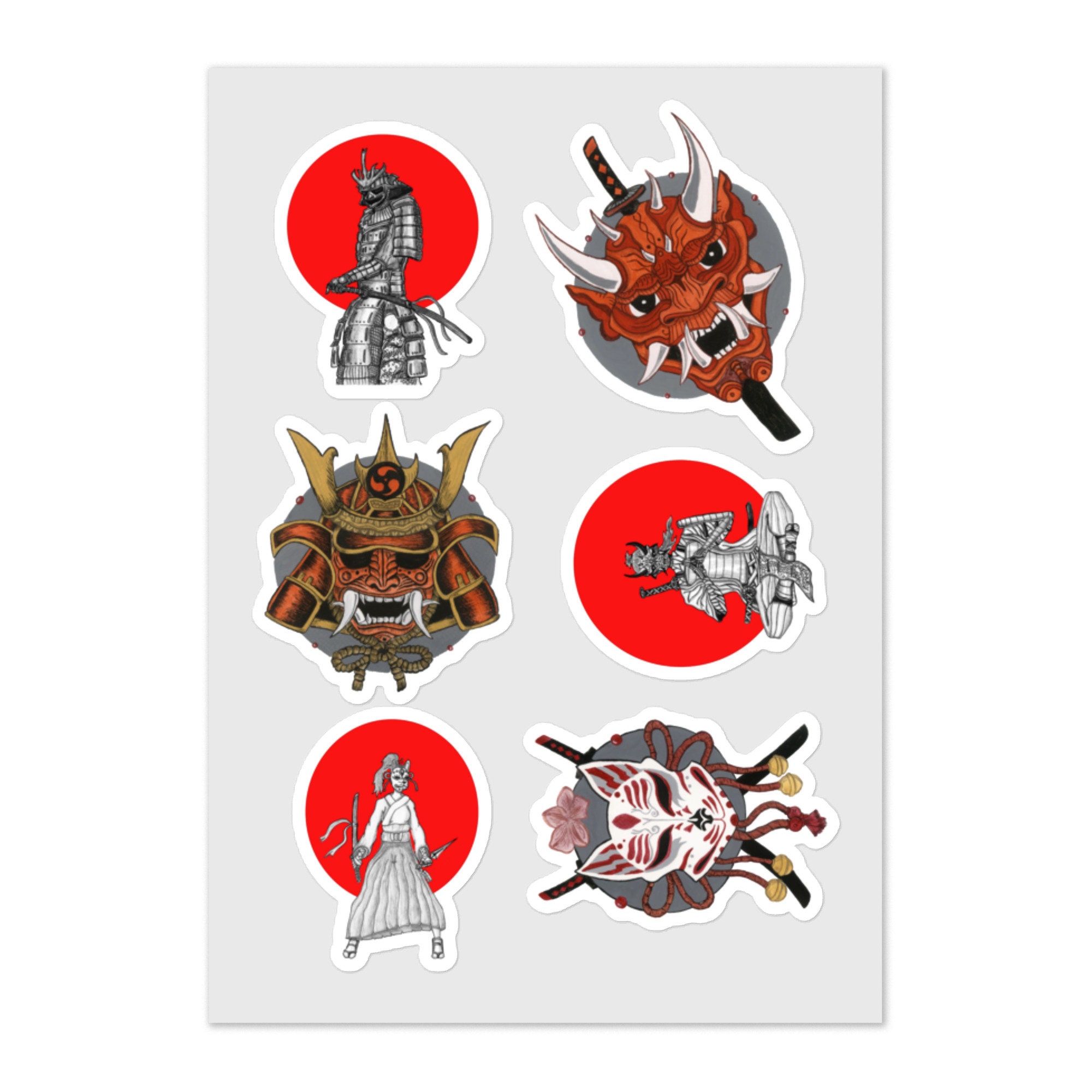 Anime Sticker Sheet With Kitsune Mask Sticker, Samurai Helmet Sticker ...