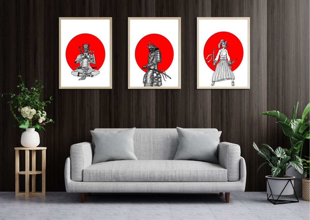 Samurai Mask Drawing Print Set: Japanese Wall Art (digital Download) - Etsy