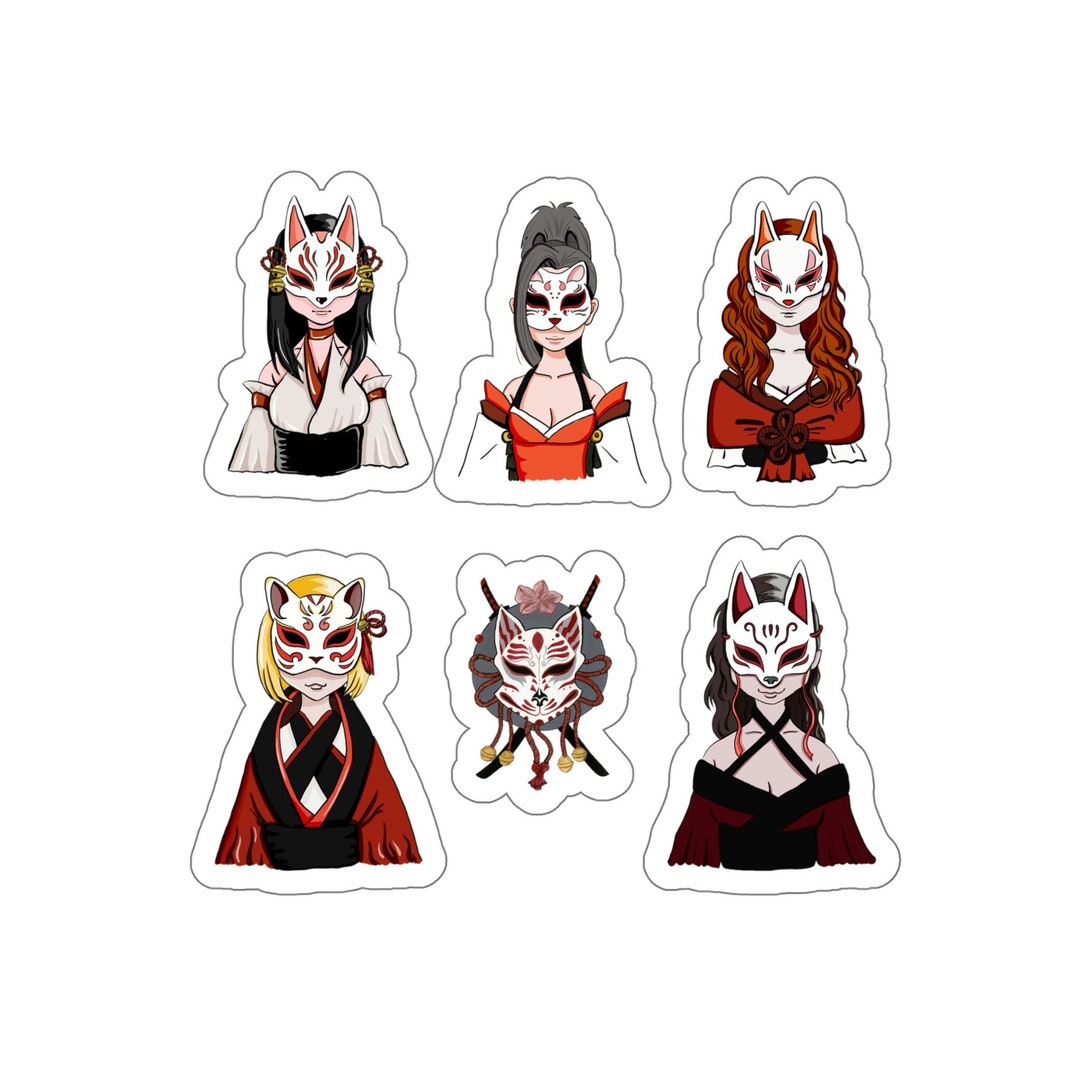 Kitsune Mask Vinyl Anime Stickers 6" × 6" , Kitsune Girl Laptop Sticker ...
