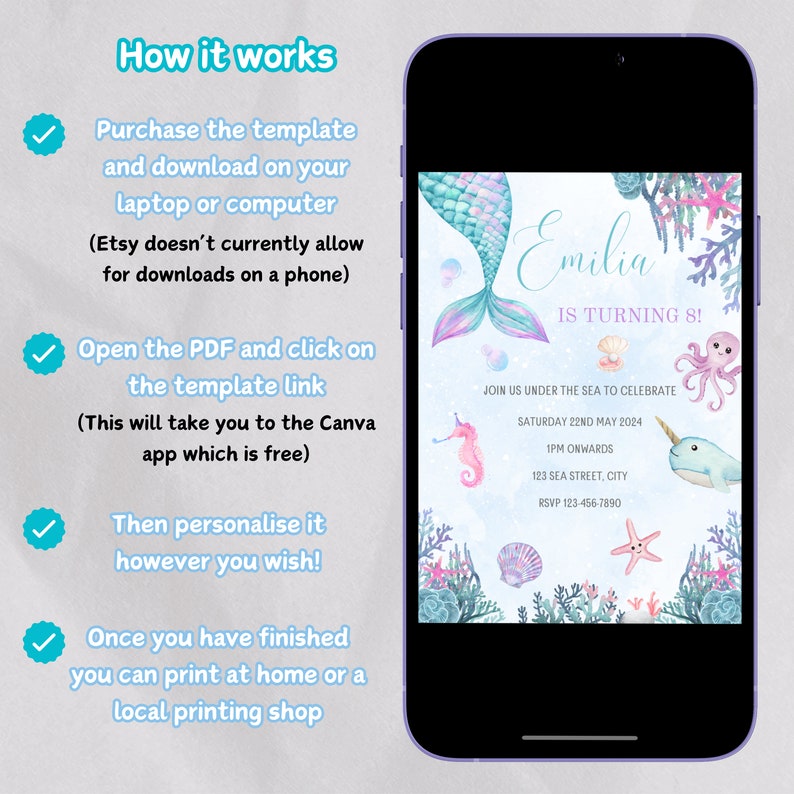 Editable Mermaid Tail Birthday Invitation Under the Sea Birthday Invite ...