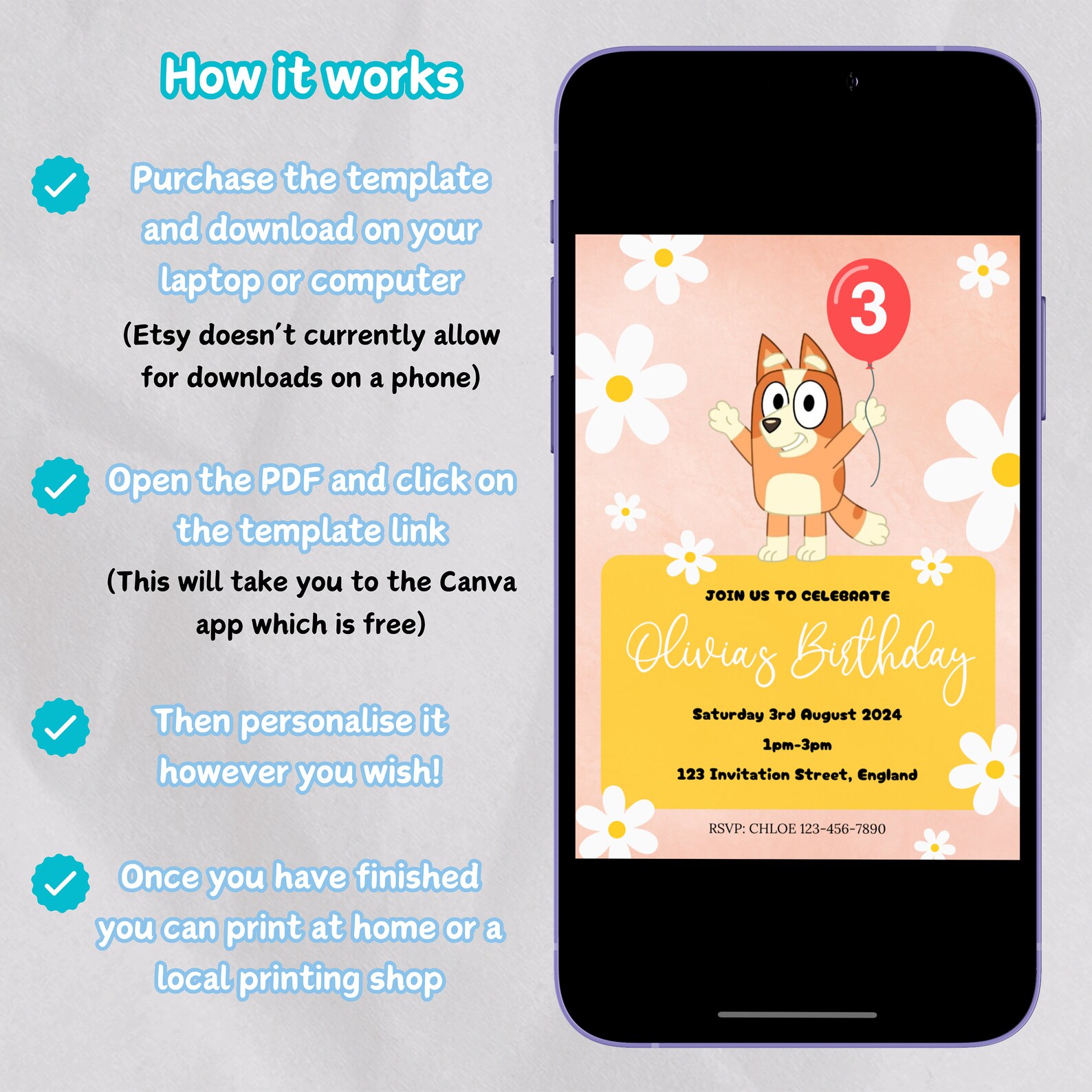 Editable Bingo Birthday Invitation, Blue Dog Party Invite, Girls Themed ...