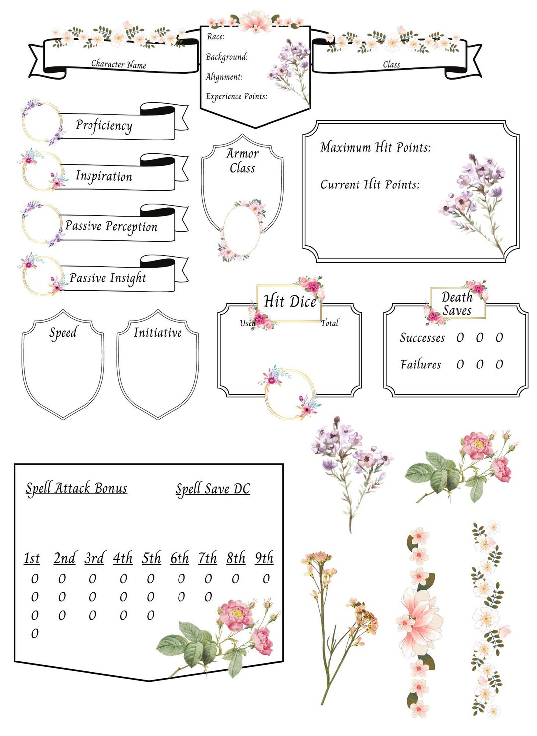 Dry Erase Character Sheet Stickers Floral Flowers Cute Dungeons and ...