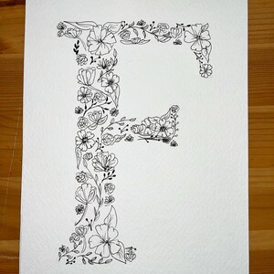 Custom Floral Ink Letter, Alphabet, Wall Art, Home Decor, Botanical ...