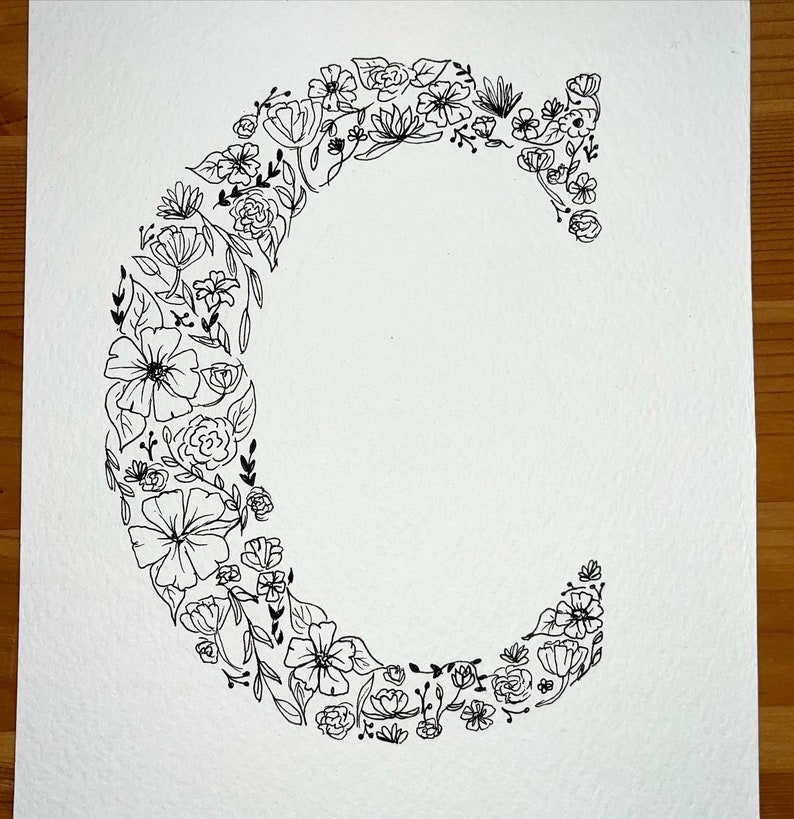 Custom Floral Ink Letter, Alphabet, Wall Art, Home Decor, Botanical ...