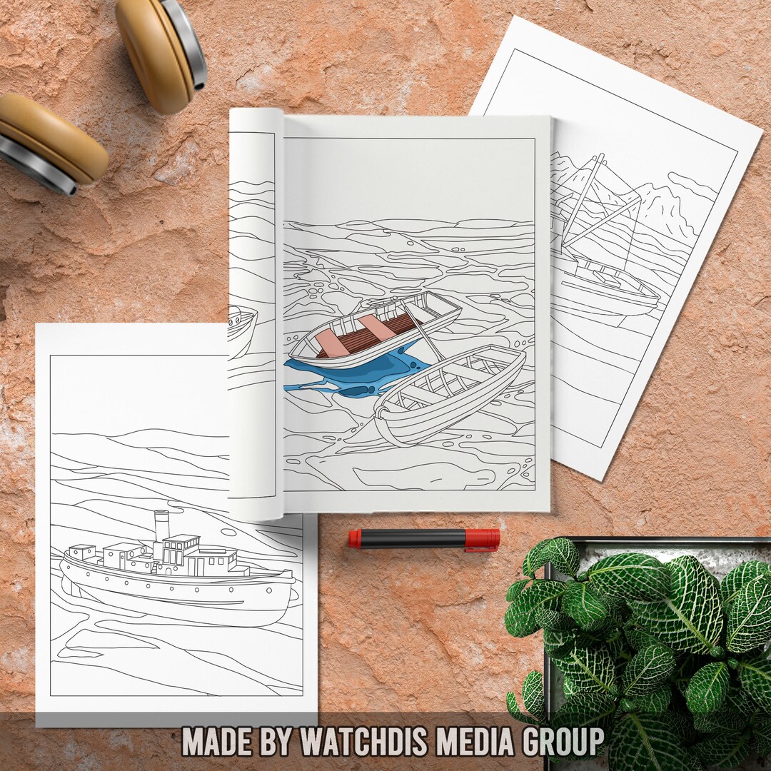 Stress Relieving Draw and Color Boats Coloring Book for Kids and Adults ...
