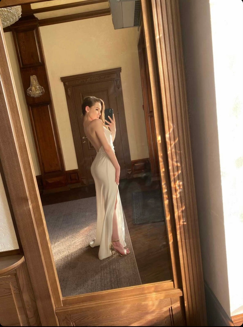 Ivory Maxi Wedding Dress: Open Back, High Slit, Shimmering Straps ...