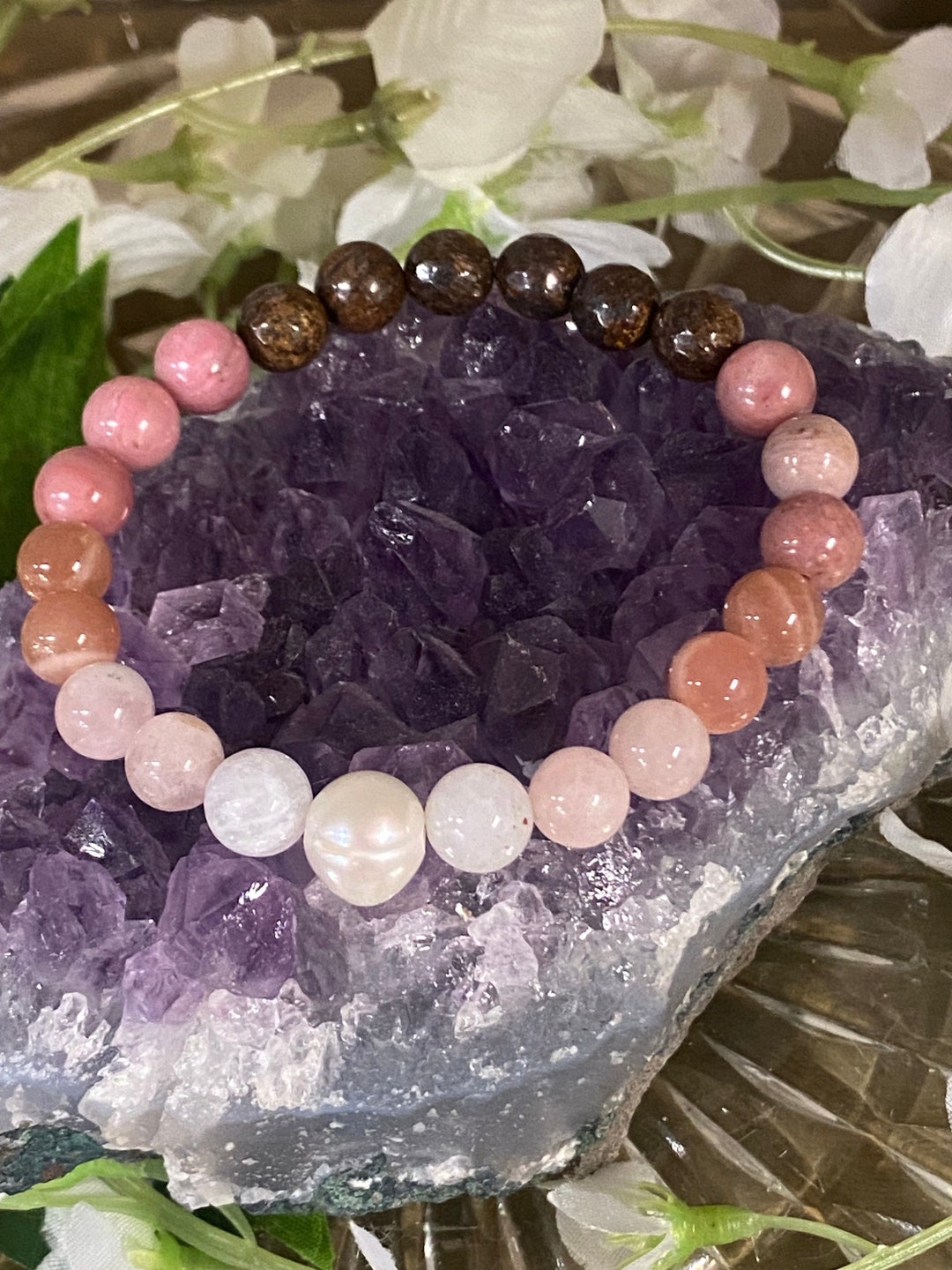 Under My Spell Love Wellness Mala Bracelet Mother of Pearl, Moon Stone, Morganite, Sunstone ...