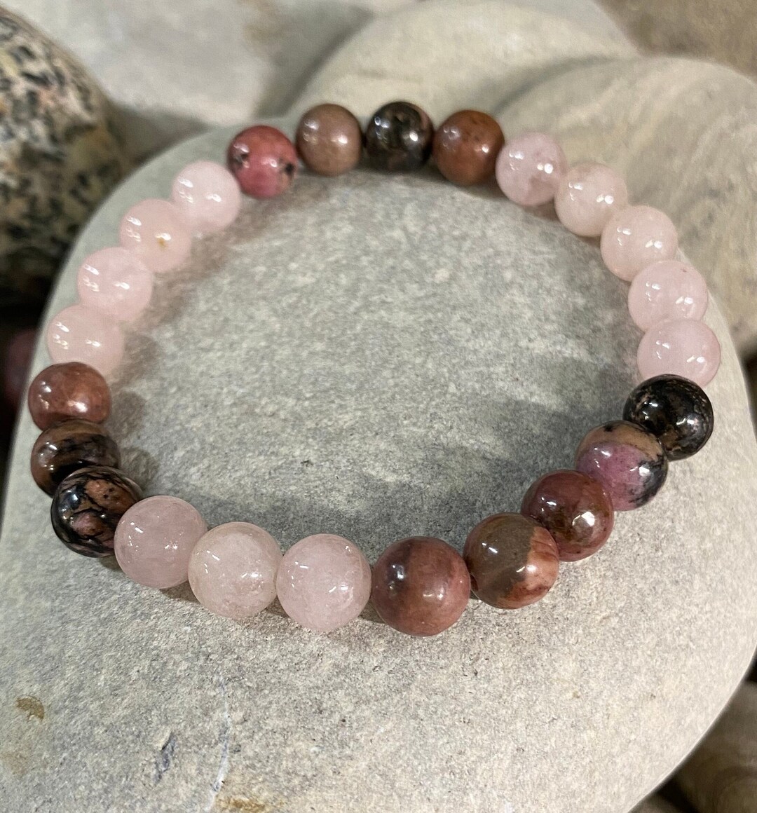 Pink Morganite, Natural Rhodonite - 8mm Handmade Wellness Mala Bracelet- Gift for Her, Best ...
