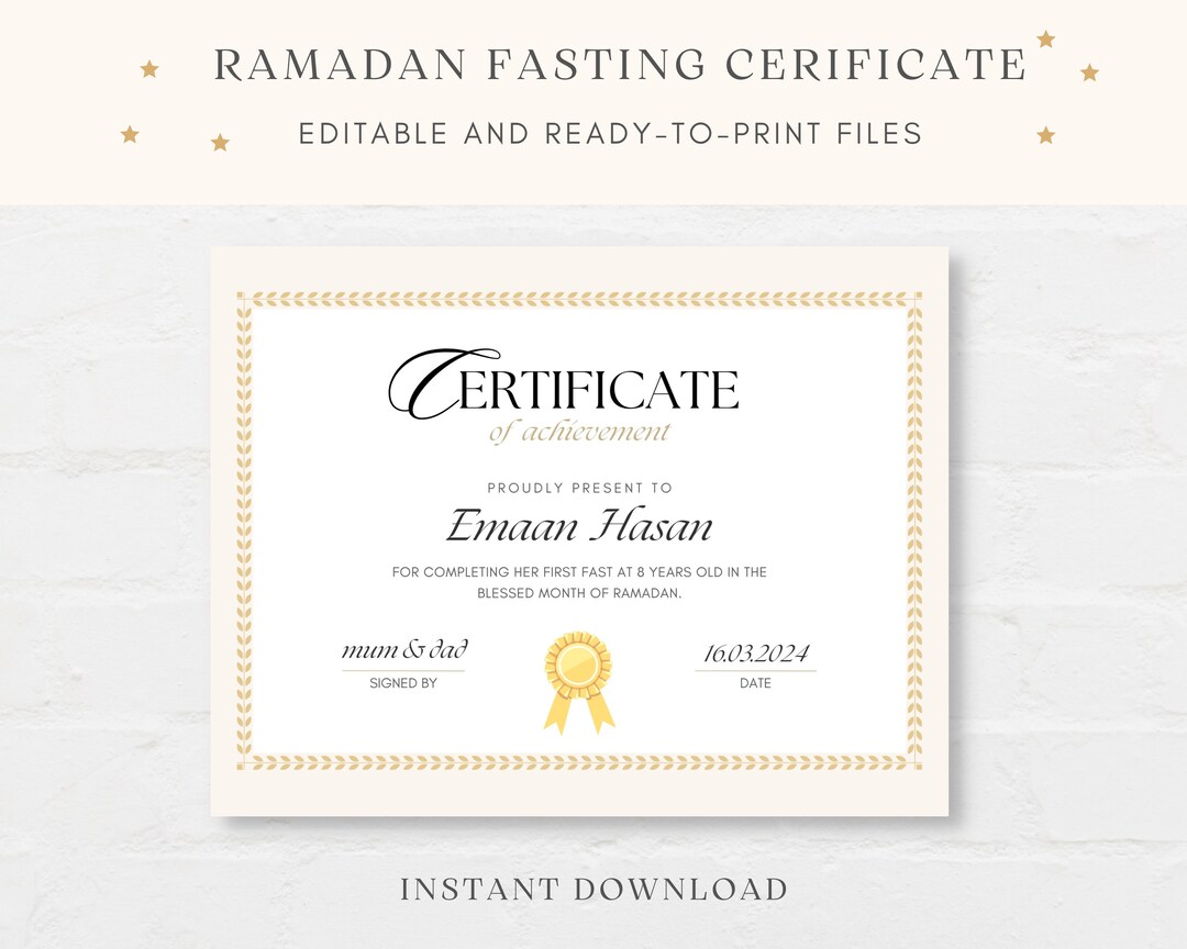 Ramadan Fasting Certificate, First Fast Certificate, Editable Ramadan ...