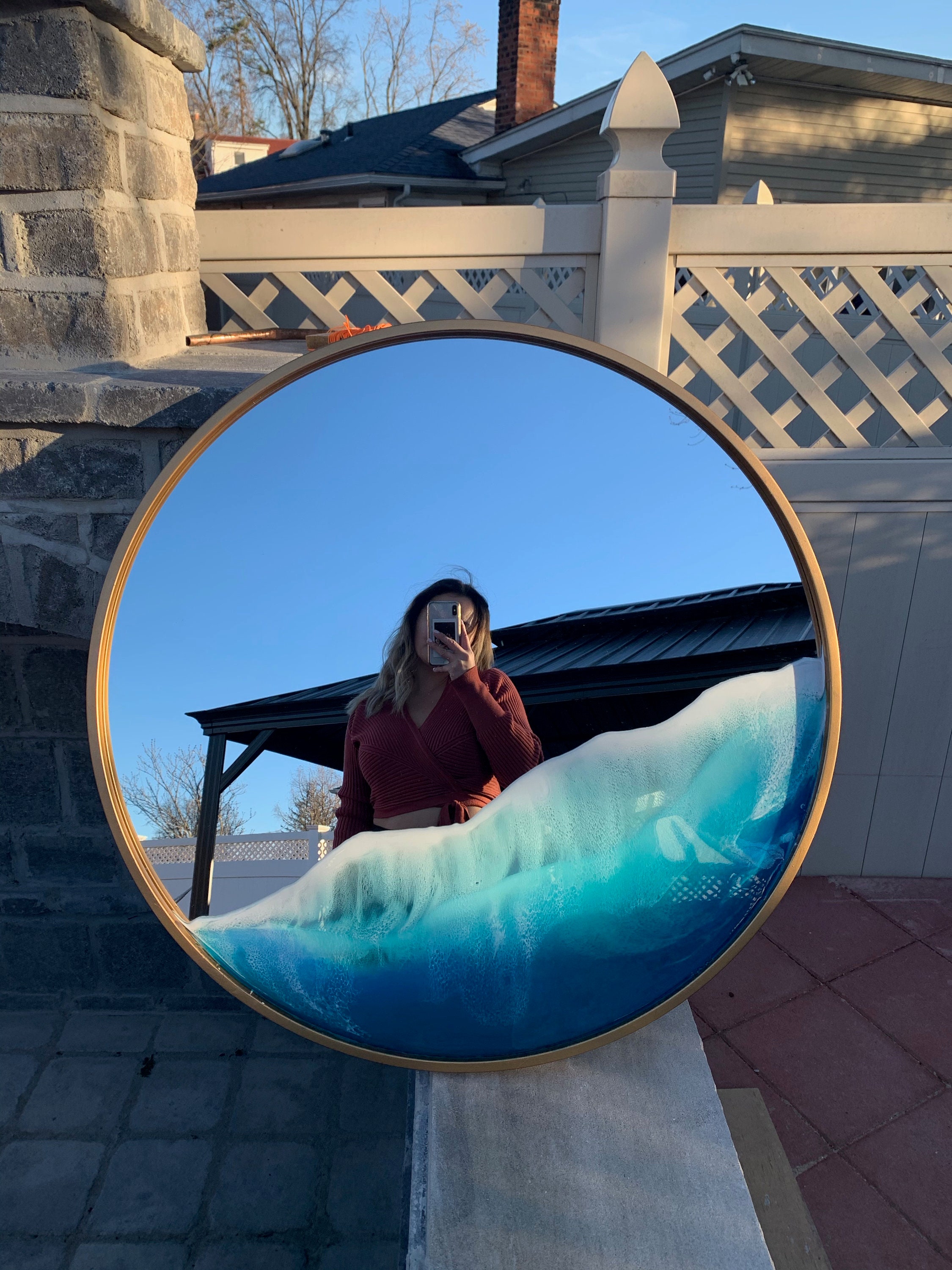 Beach Wave Mirror, Large Round Resin Wall Mirror, Resin Ocean Mirror ...
