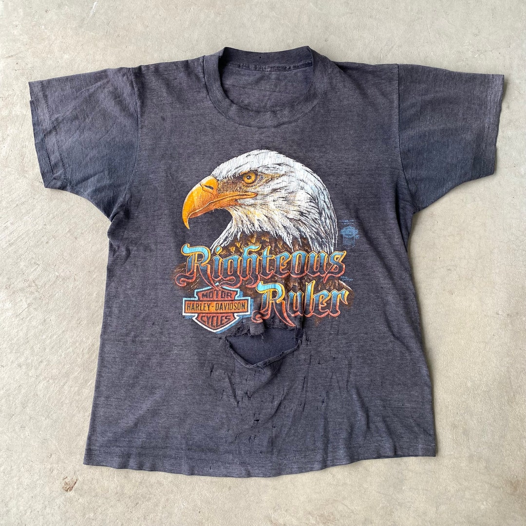 Vintage Harley Davidson Motorcycles 3D Emblem Righteous Ruler Eagle Tee Size Medium 80s Single ...