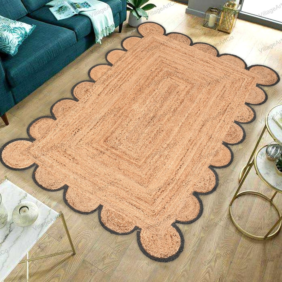 Scalloped Rug Jute Rug, Bohemian Scallop Rug Carpet, Grey Scalloped Rug ...