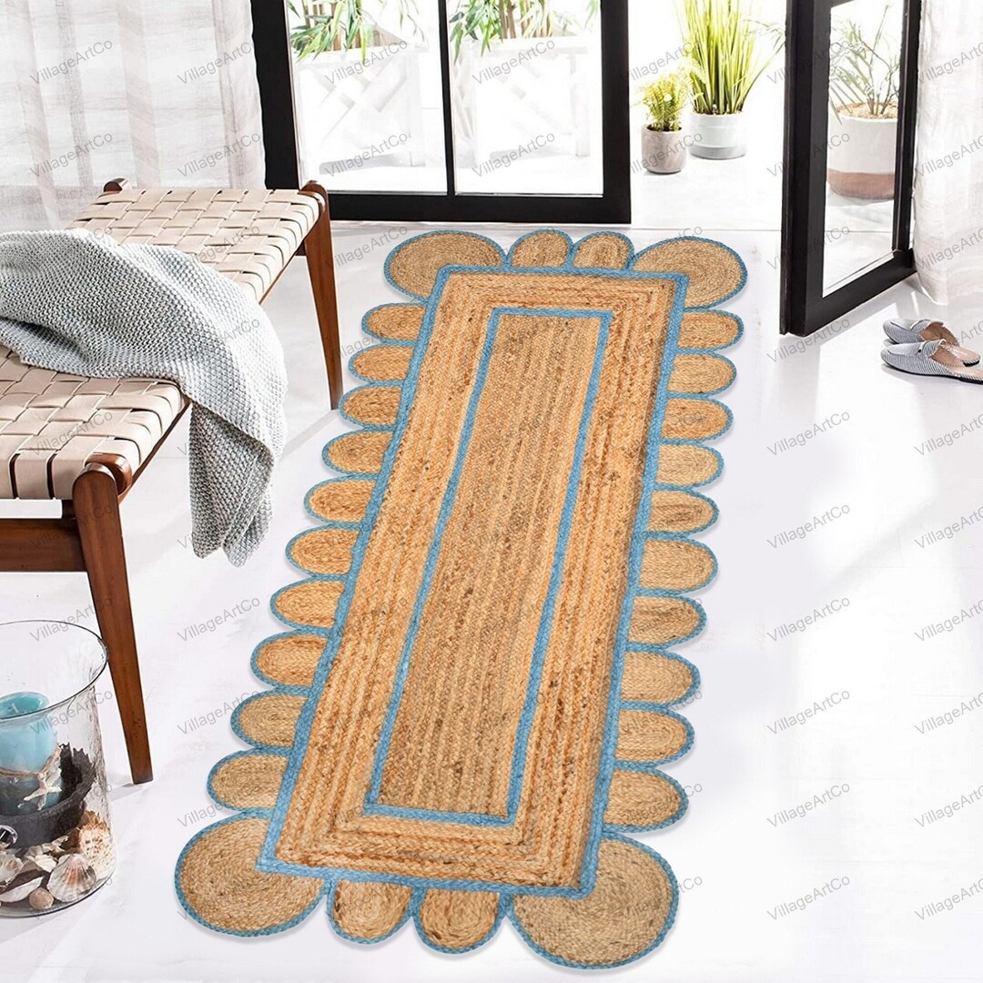Blue Trim Scallop Jute Rug Runner, Scallop Edge Jute Hallway Runner 2 X ...