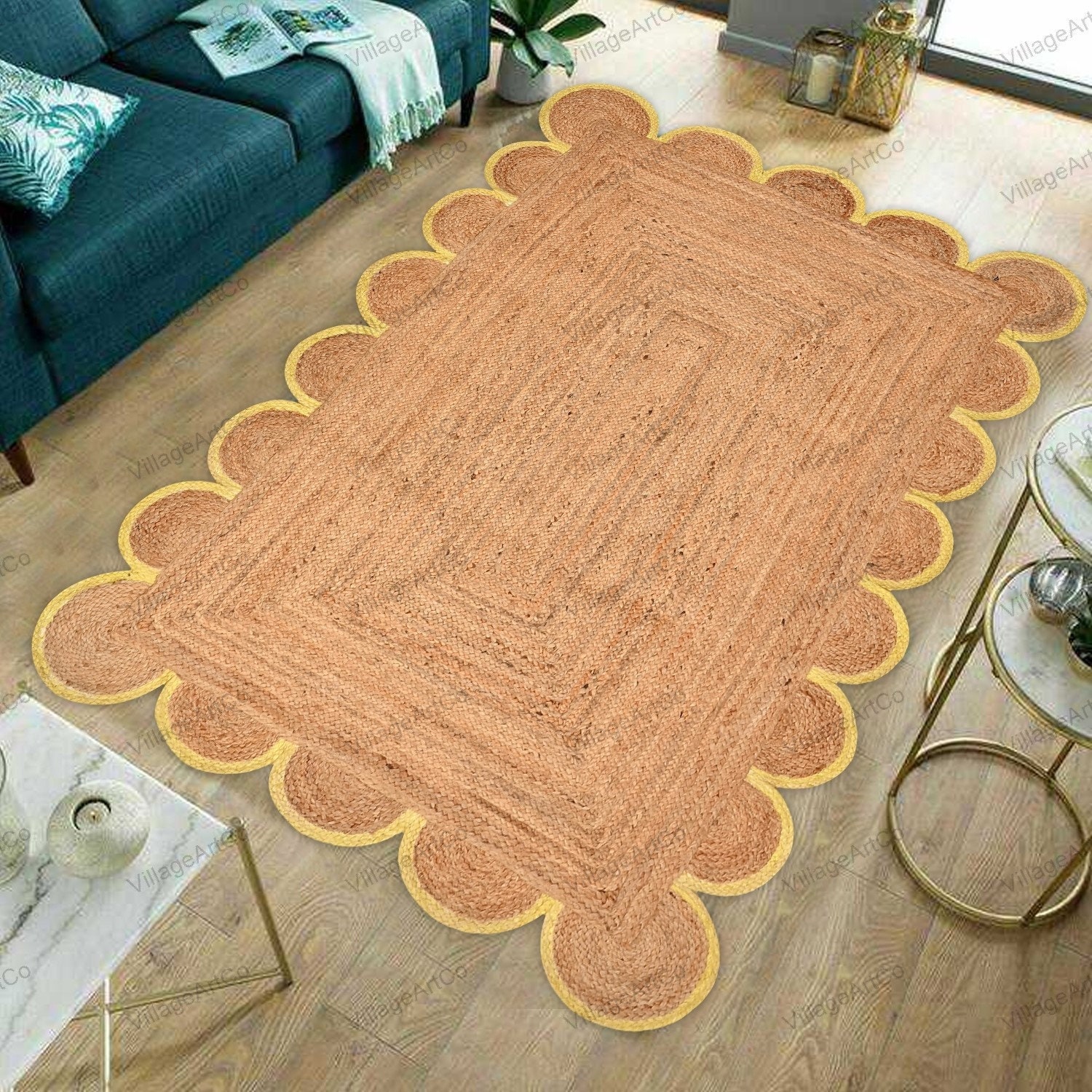 Scalloped Jute Door Mat, Bohemian Scallop Rug for Living Room, Jute ...