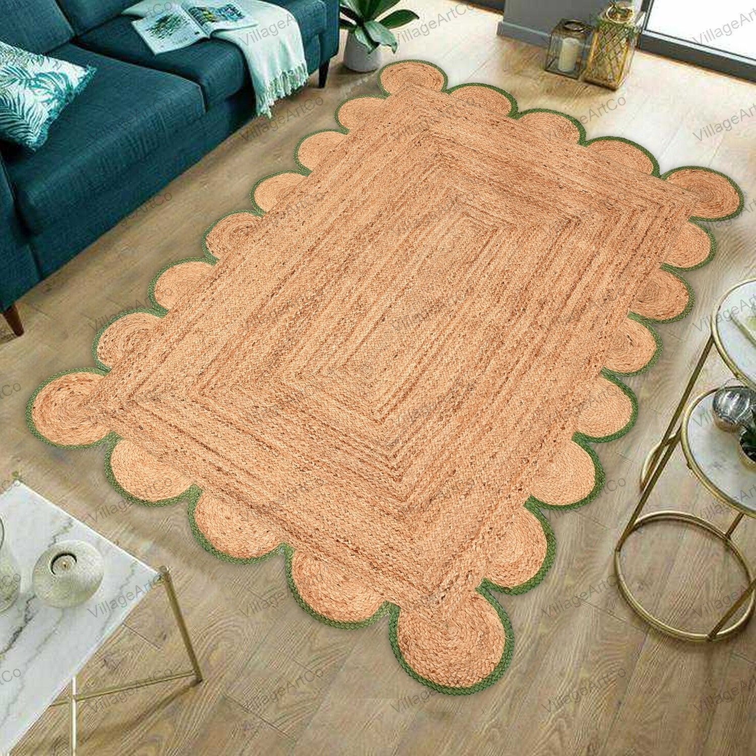 Forest Green Scallop Rug, Round Edges Scallop Rug for Farmhouse Floor ...