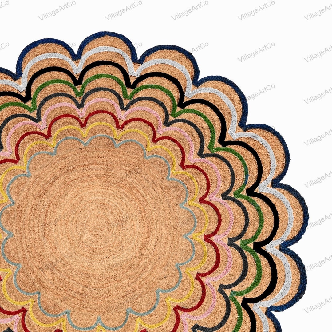 Round Scallop Rug for Living Room, Natural Jute Scallop Round Rug ...