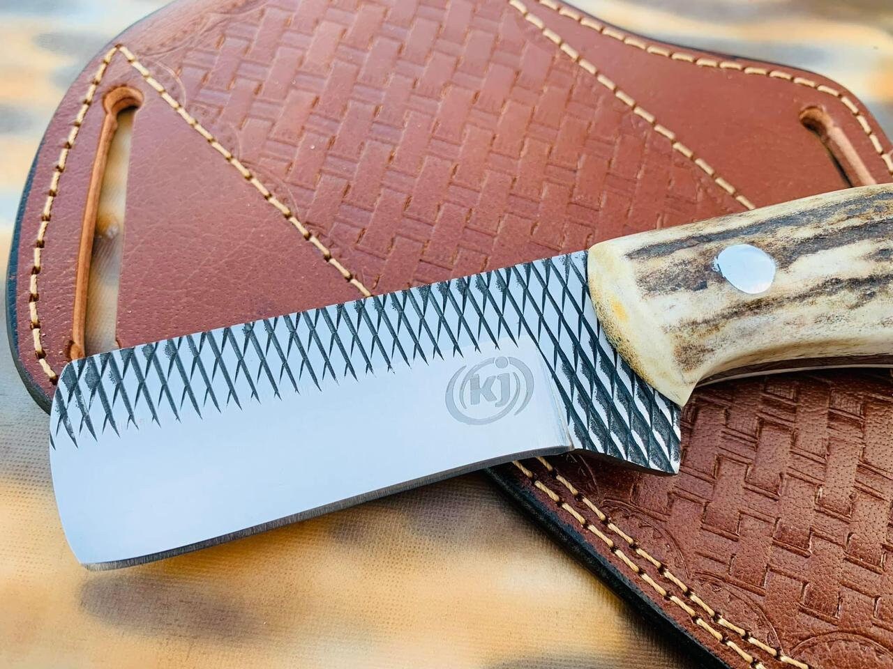 Handmade Cowboy Bull Cutter Knife: Rasp Steel Blade, Stag Horn Handle ...