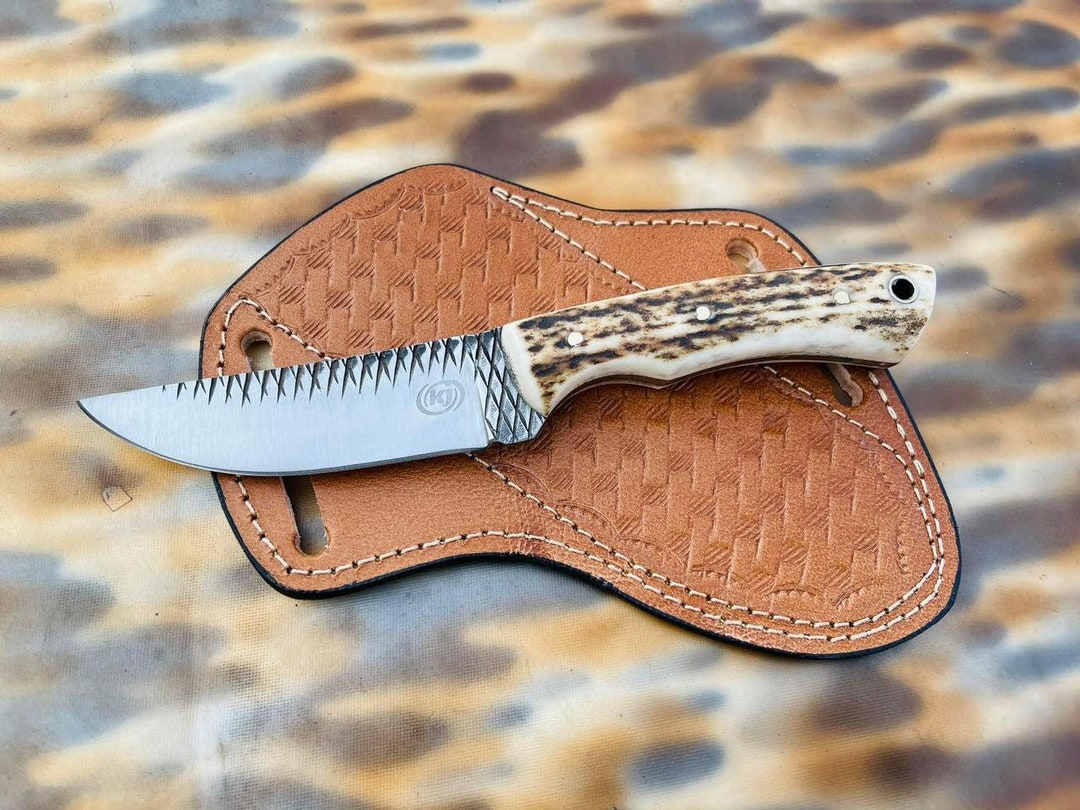Handmade Rasp Steel Skinner Knife: Stag Horn Handle, Leather Sheath - Etsy