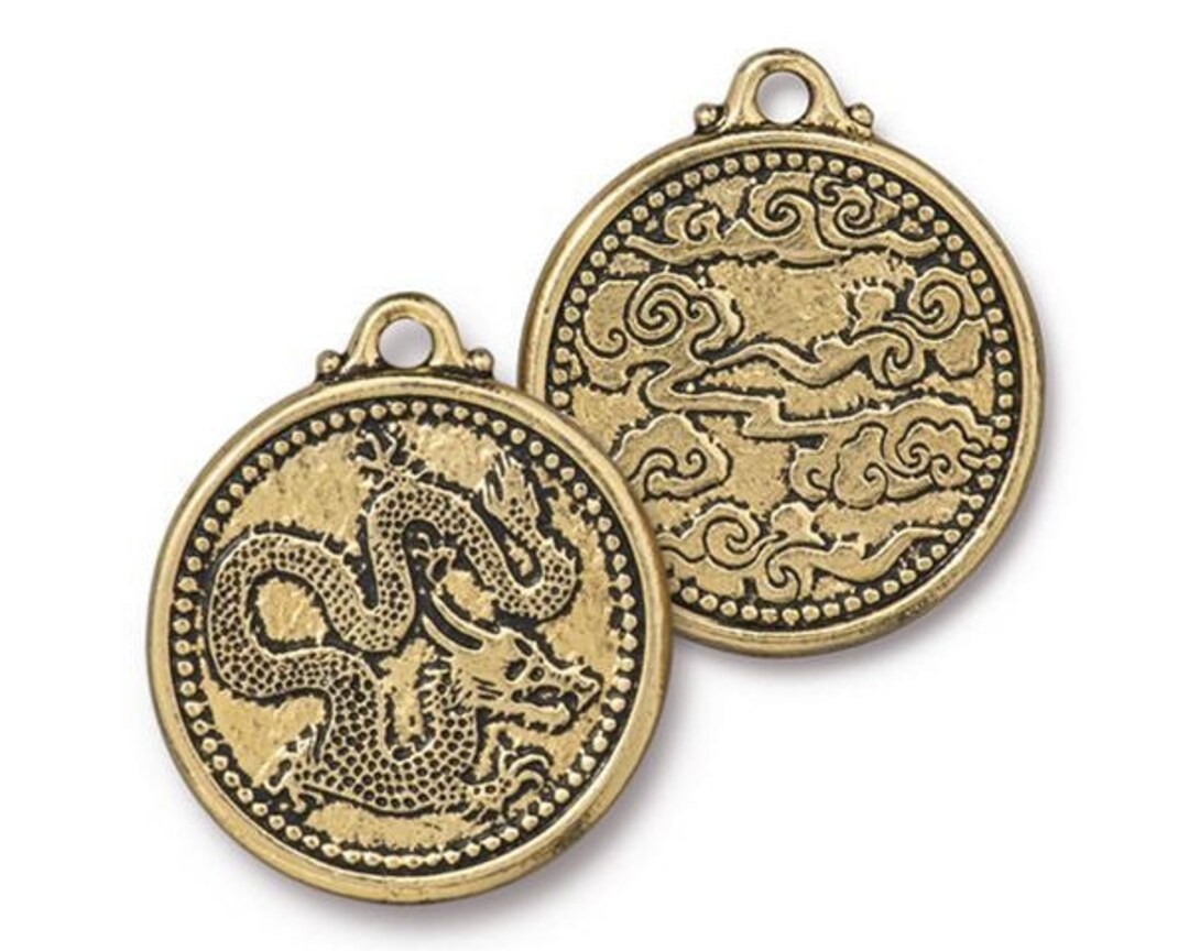 Set of 2 Dragon Coin 1 Inch 28 Mm Gold Plated Pewter Metal Pendants by ...