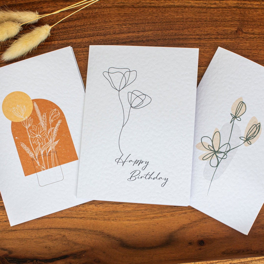 Set of 3 Floral or Single Modern, Minimal Greeting Cards, Line Drawing ...
