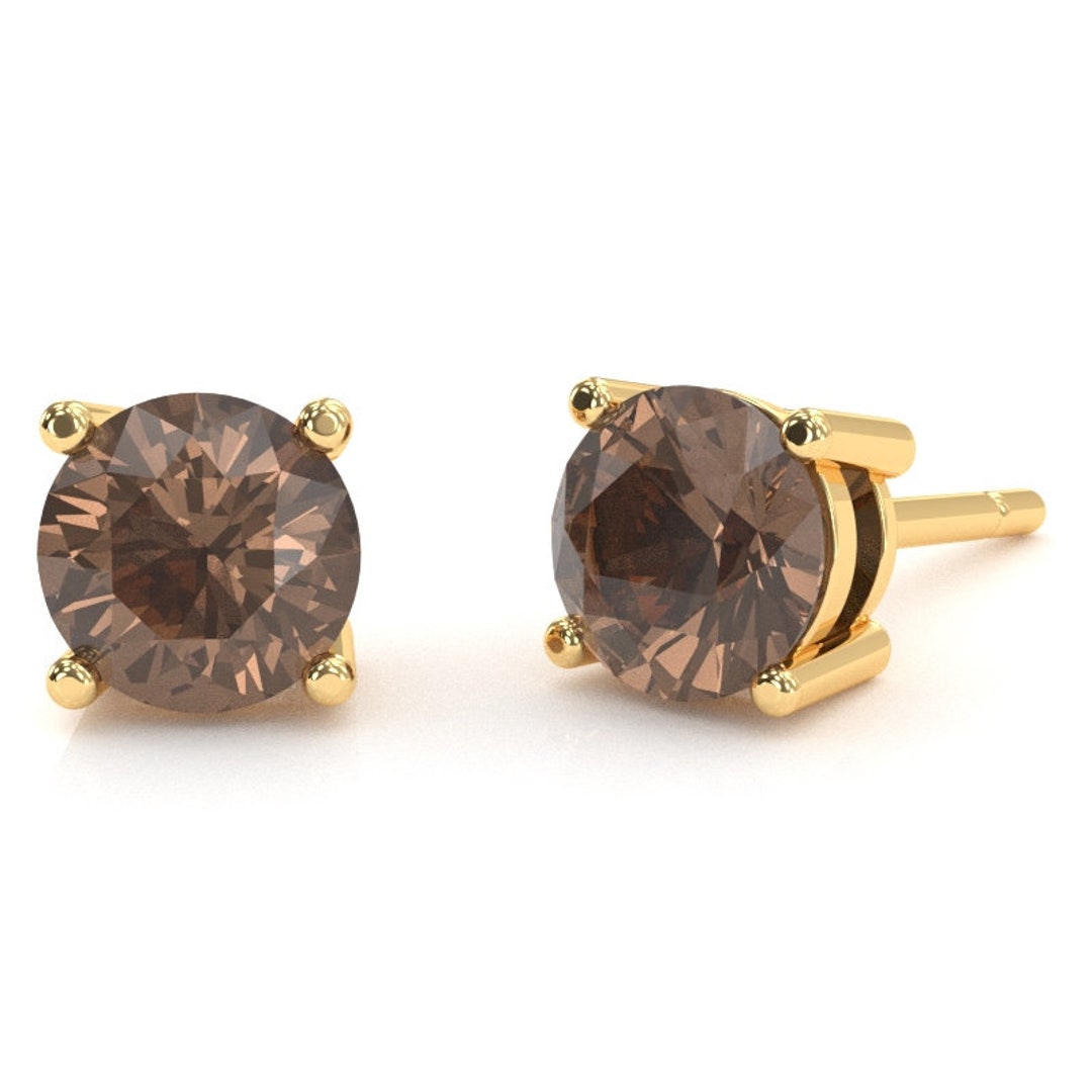 Round Stone Stud Earrings 14k Gold Smoky Quartz Stud Earrings 14k Gold ...