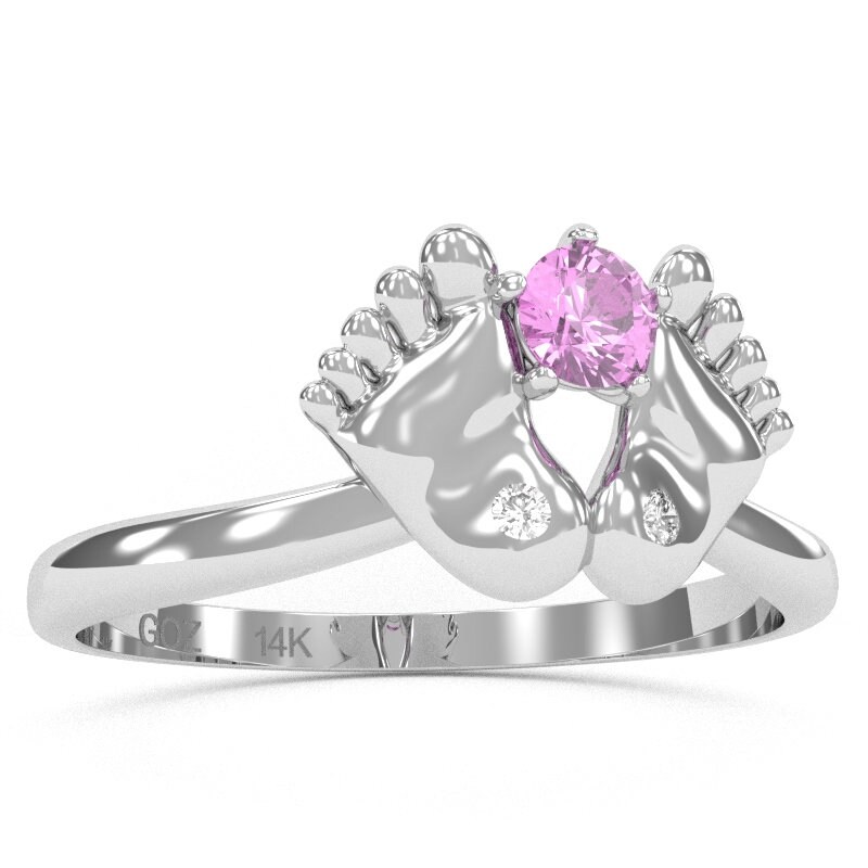 Baby Feet Ring in 14k Gold Baby Feet Lab Pink Sapphire Diamond 14k Ring ...