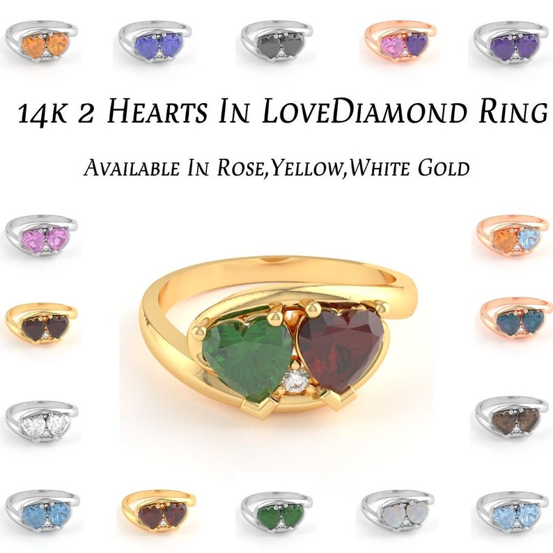 2 Hearts in Love Diamond Promise Ring in 14k/10k Solid Gold Multi ...