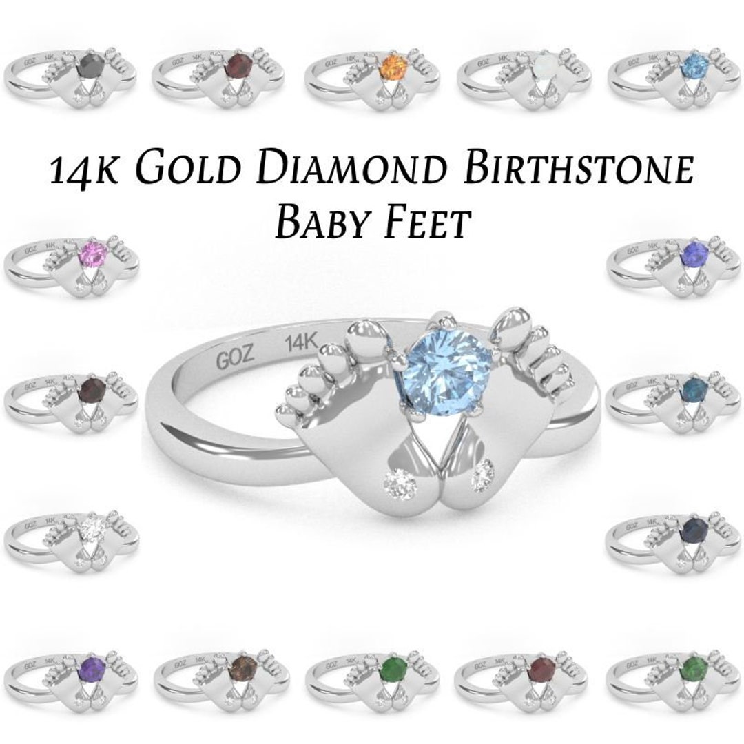 Baby Feet Diamond Birthstone Ring in 14k/10k Solid Gold/925 Sterling ...