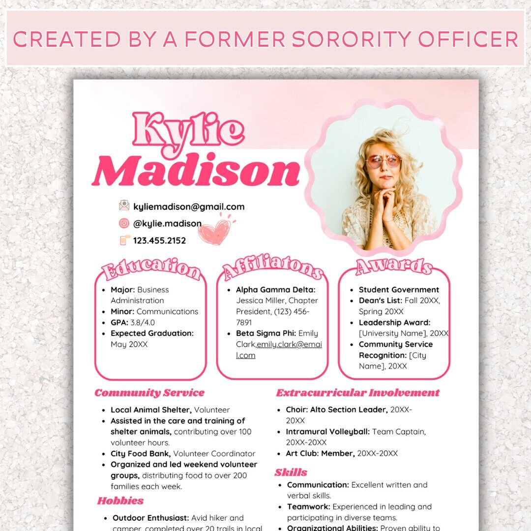 Sorority Resume Template, Rush Resume, Cute Resume, Resume, Canva ...