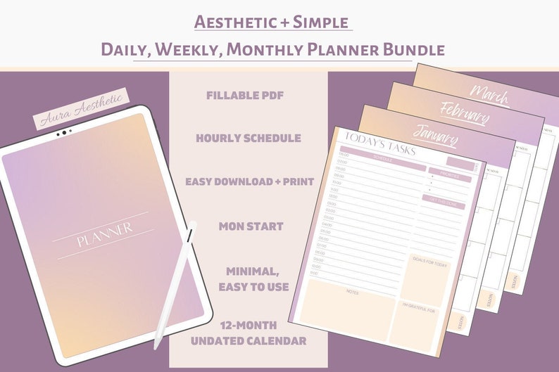 Instant Download Digital Planner Daily Weekly Monthly Planner Aesthetic ...