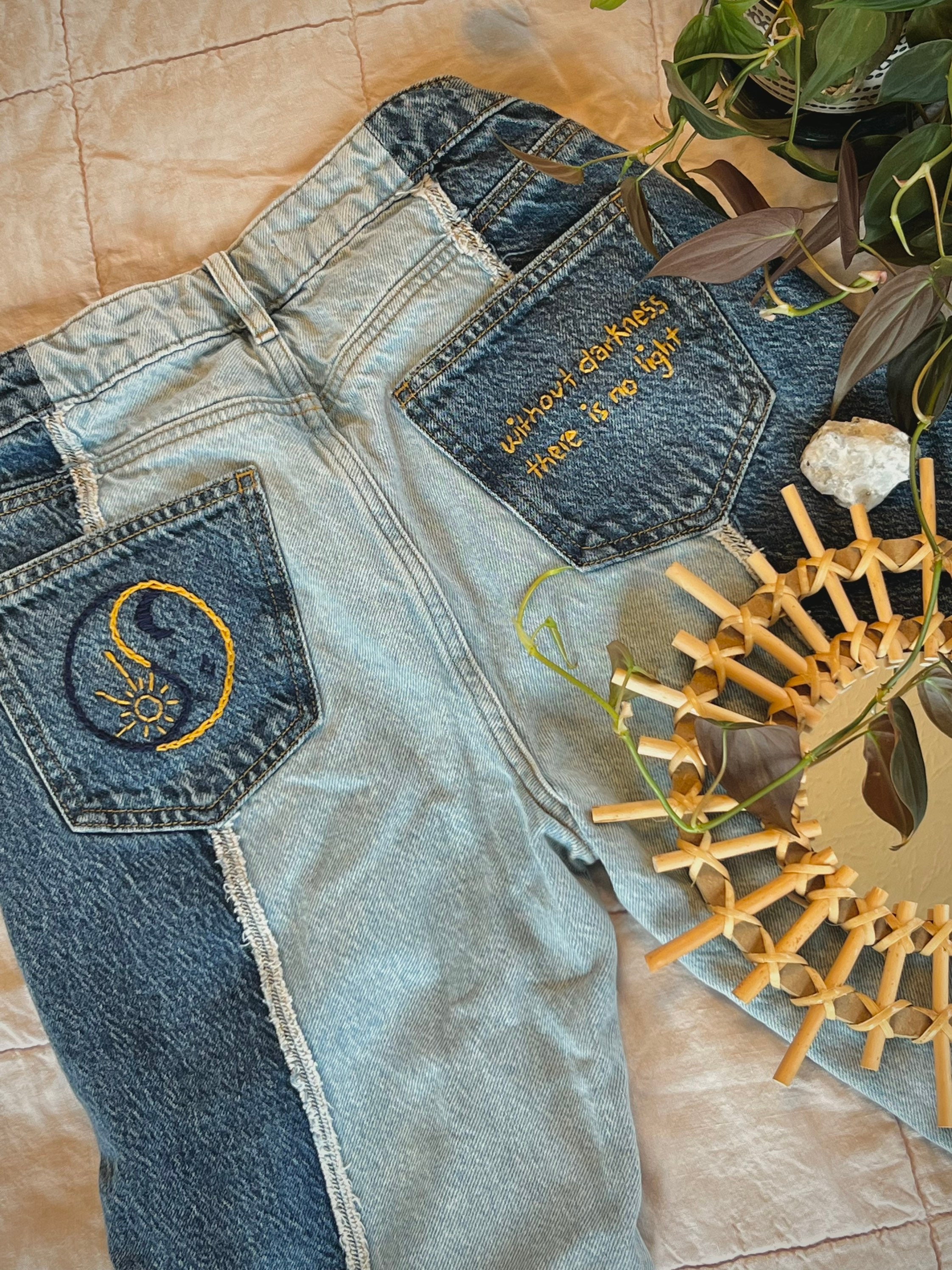 Sun & Moon Hand Embroidered Two Tone Jeans - Etsy