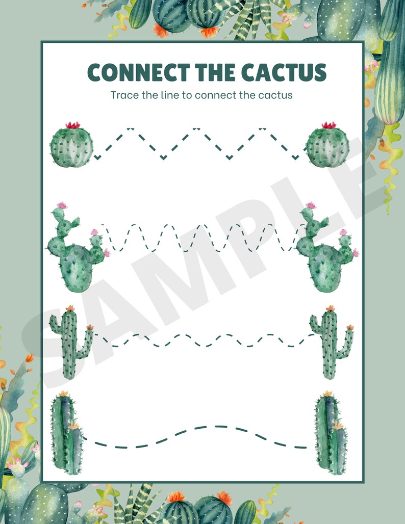 Cactus Line Tracing Practice Worksheet - Etsy