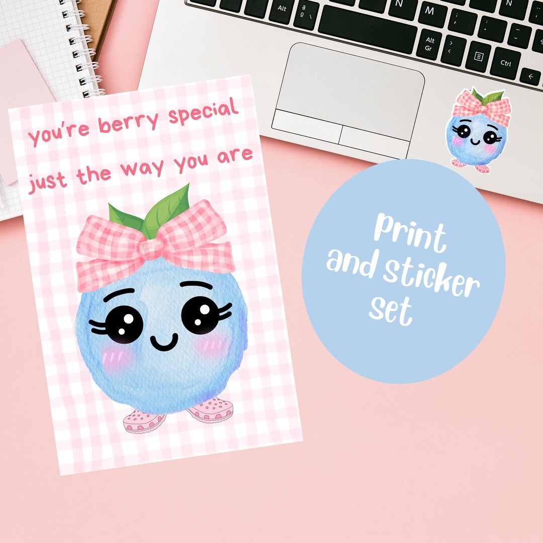 Kawaii Blueberry Print and Sparkly Sticker Set: Positive Quote, Crocs ...