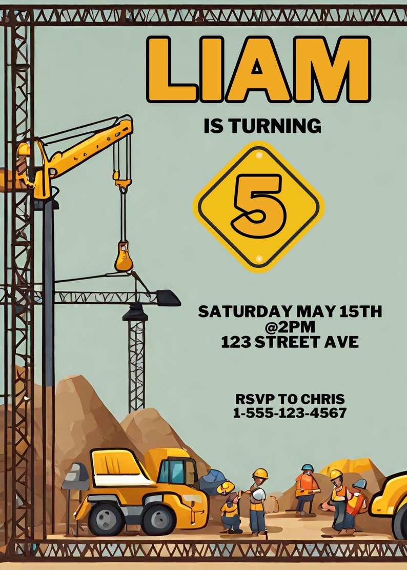 Construction Birthday Invitation, Digital Template, Kids, Boys, Girls ...