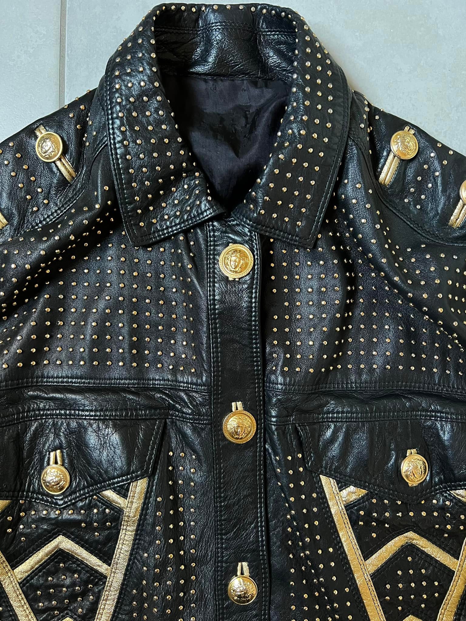 Sale Extra RARE Gianni VERSACE Leather Studded Jacket With Big Gold ...