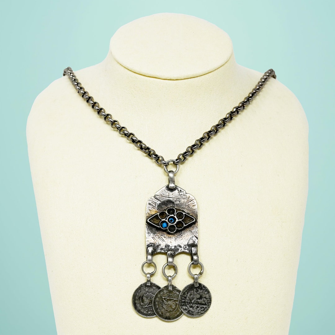 Antique Middle Eastern Persian Qajar Pendant Necklace With Silver Coins ...