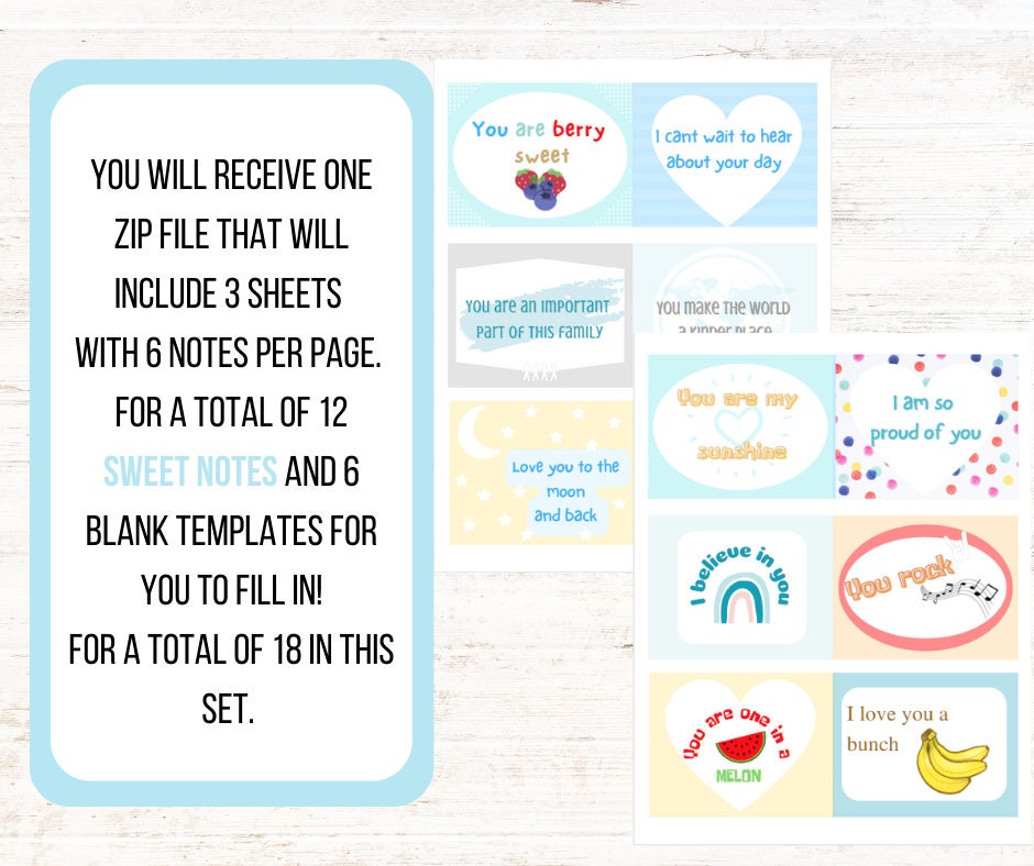Printable Lunchbox Notes for Kids - Instant Download Lunchbox Notes ...