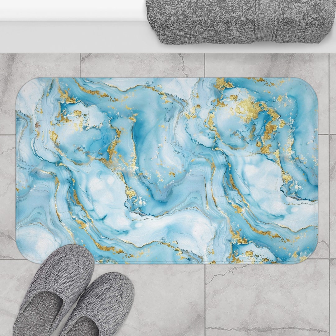 Marble Blue Bath Mat, Stone Design Bath Mat, Stylish Gold Bath Mat ...