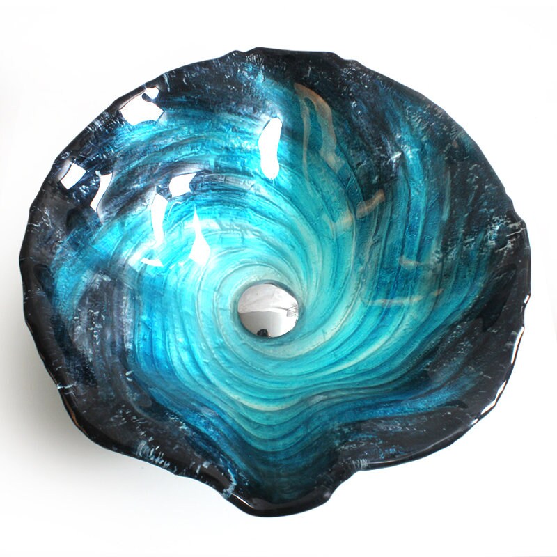 Modern Bathroom Vessel Sink Black Blue Vortex Tempered Glass Art Basin ...