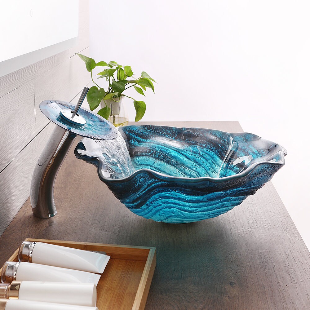 Modern Bathroom Vessel Sink Black Blue Vortex Tempered Glass Art Basin ...