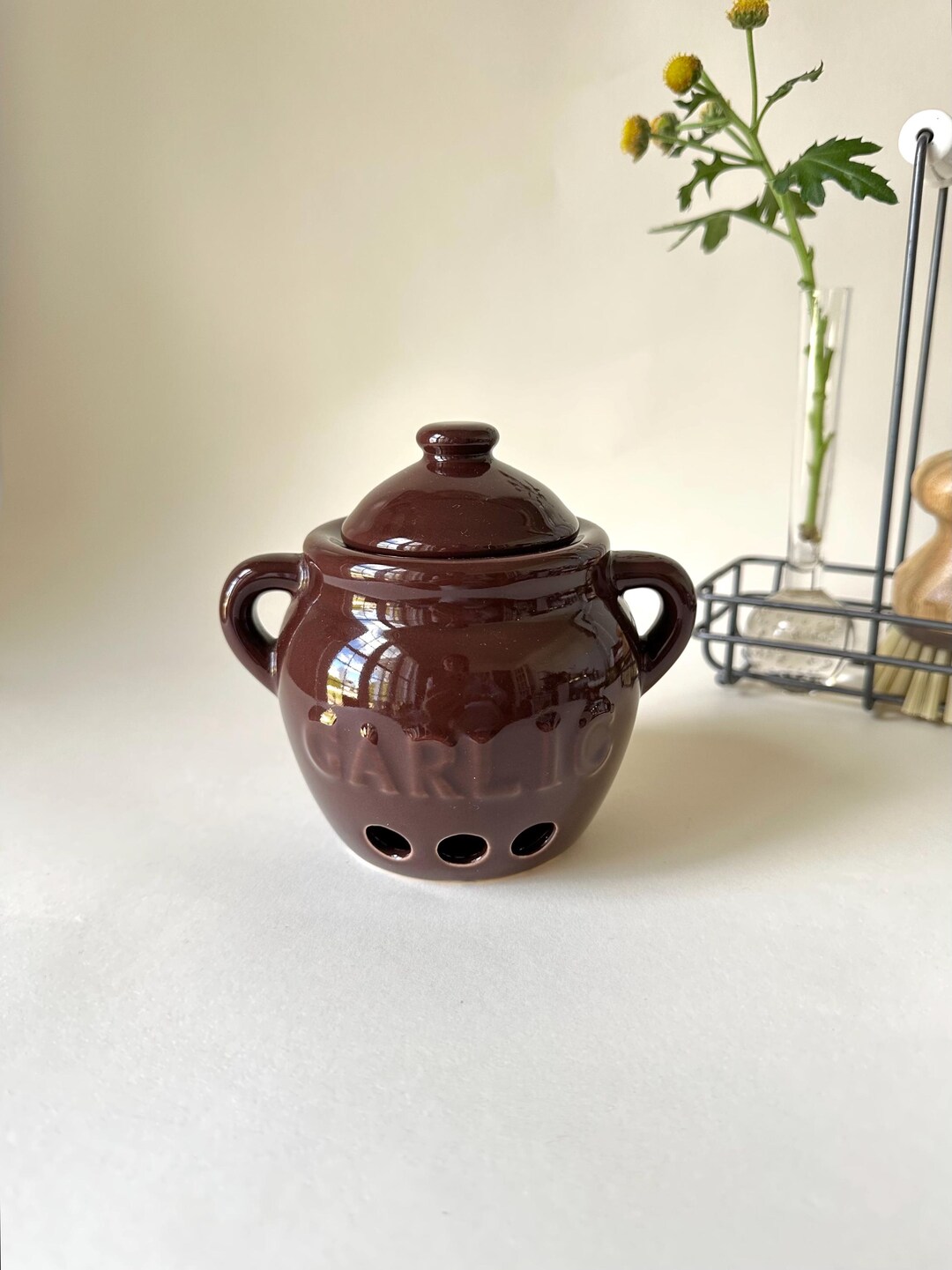 Vintage Brown Ceramic Garlic Keeper With Knobs and Lid | Retro Modern ...