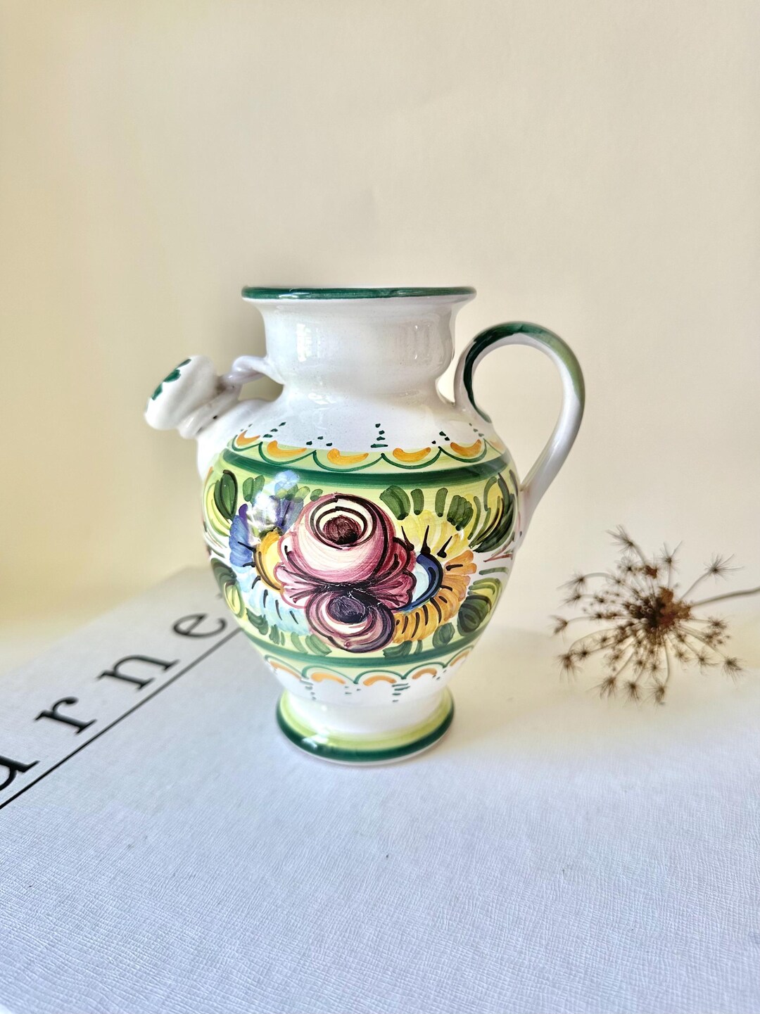 Vintage Italian CASTELLI Art Studio Ceramic Pitcher Vase With Floral ...