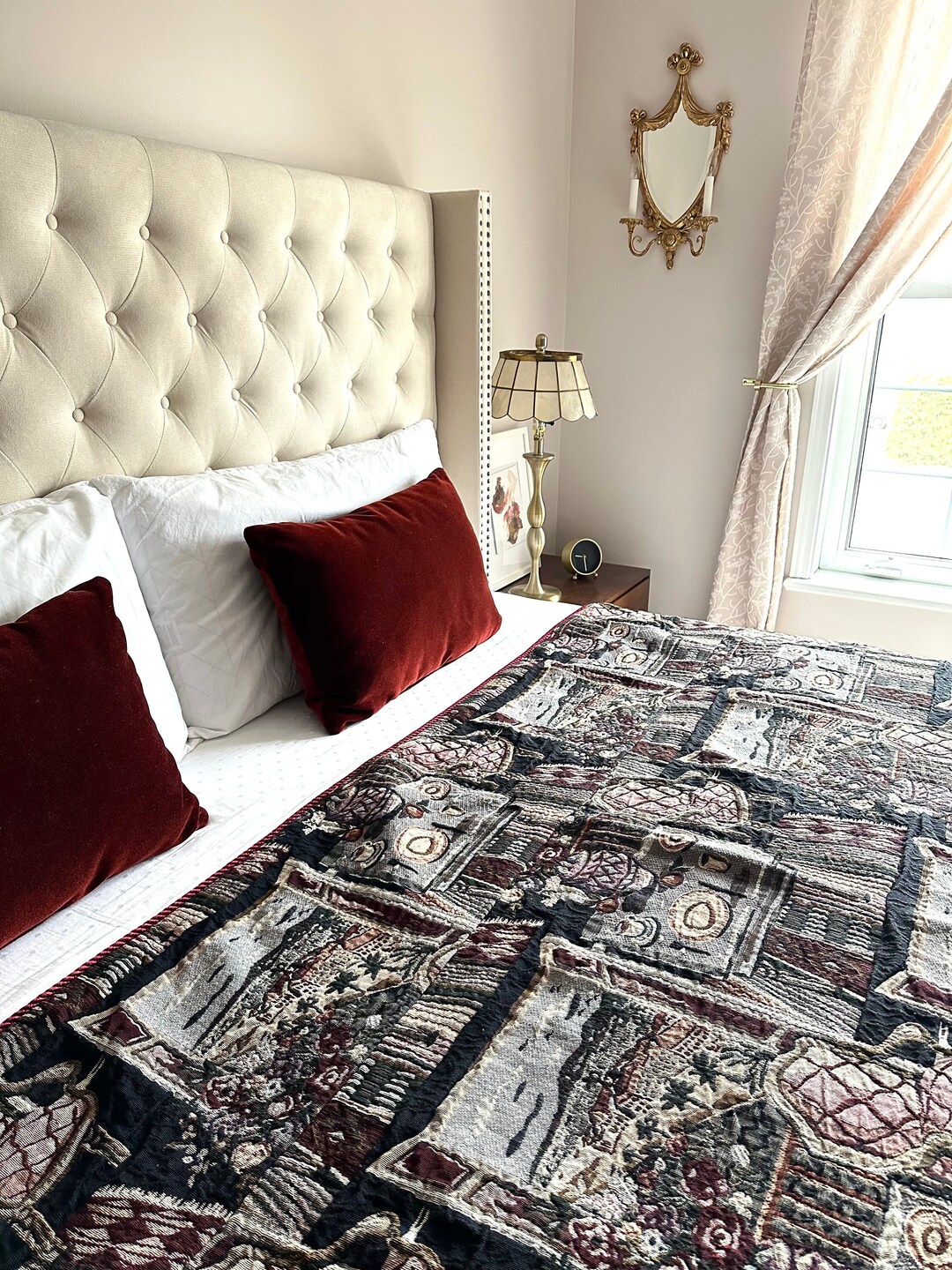 Antique Italian Tapestry Blanket With Burgundy Velvet Rope Trim ...