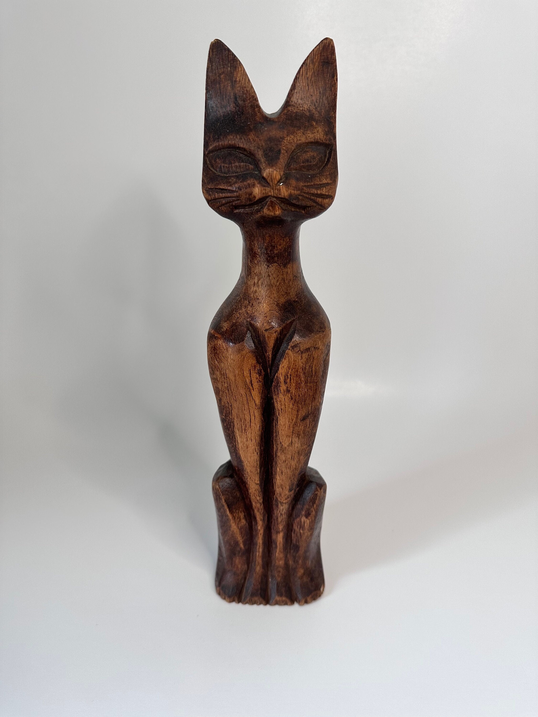 Mid Century Modern Tall Wood Hand Carved Teakwood Siamese Cat Statue ...